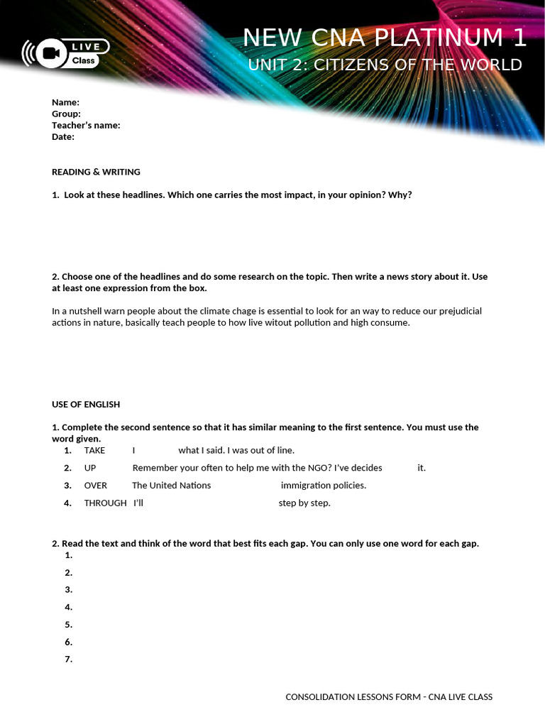 CNA Live Class - Master in English 1 - New CNA Platinum 1 - Activity ...