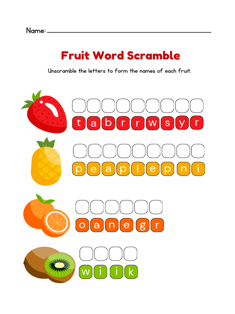 Colorful Illustrative Fruit Word Scramble English Worksheet | PDF