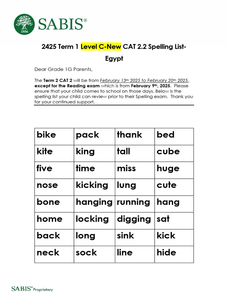 2425 Term 2 Level C-NEW CAT 2-2 Spelling List | PDF
