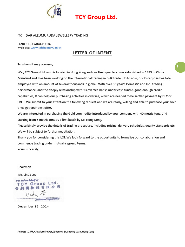 LOI-Gold From TCY 1215 | PDF | Taiwan | China