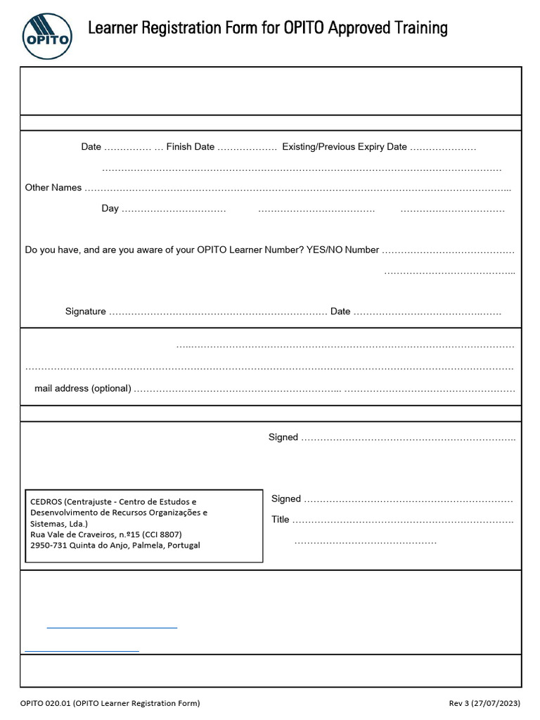 OPITO 020.01 OPITO Learner Registration Form Europe -Participantes | PDF