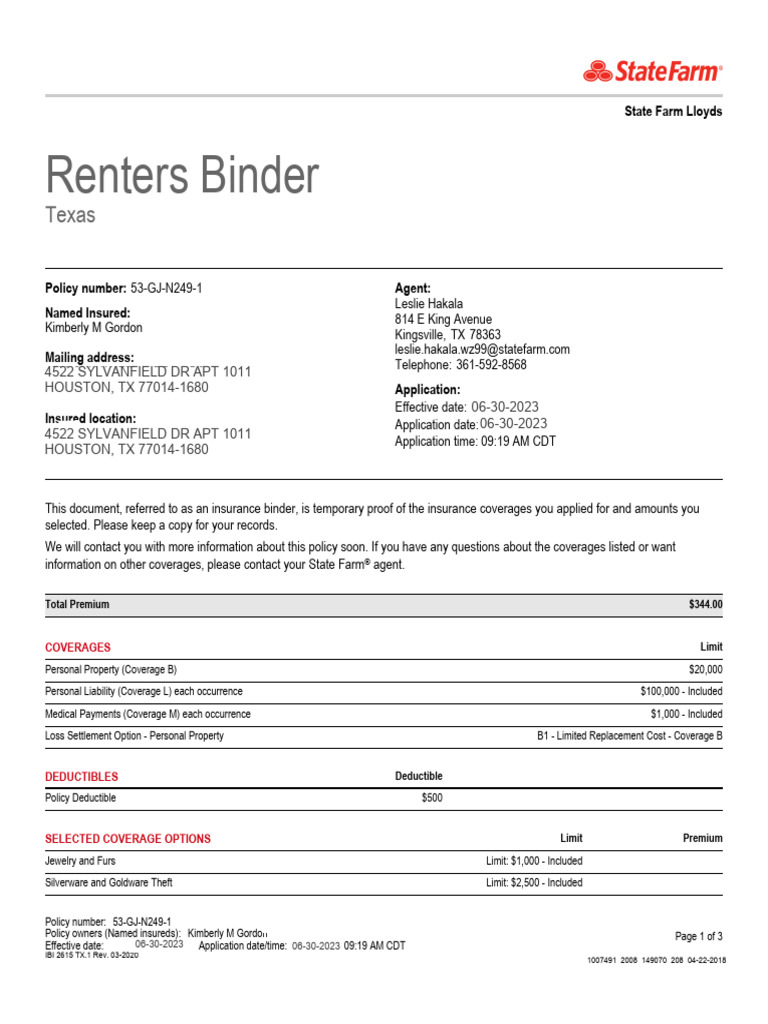 Renters Insurance Binder - PDF | PDF | Insurance | Deductible