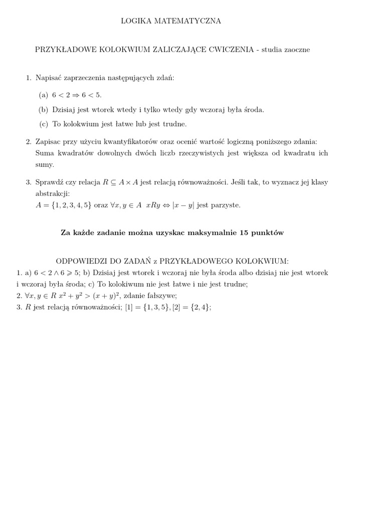 Logika - Kolokwium Przyklad Zaoczne | PDF