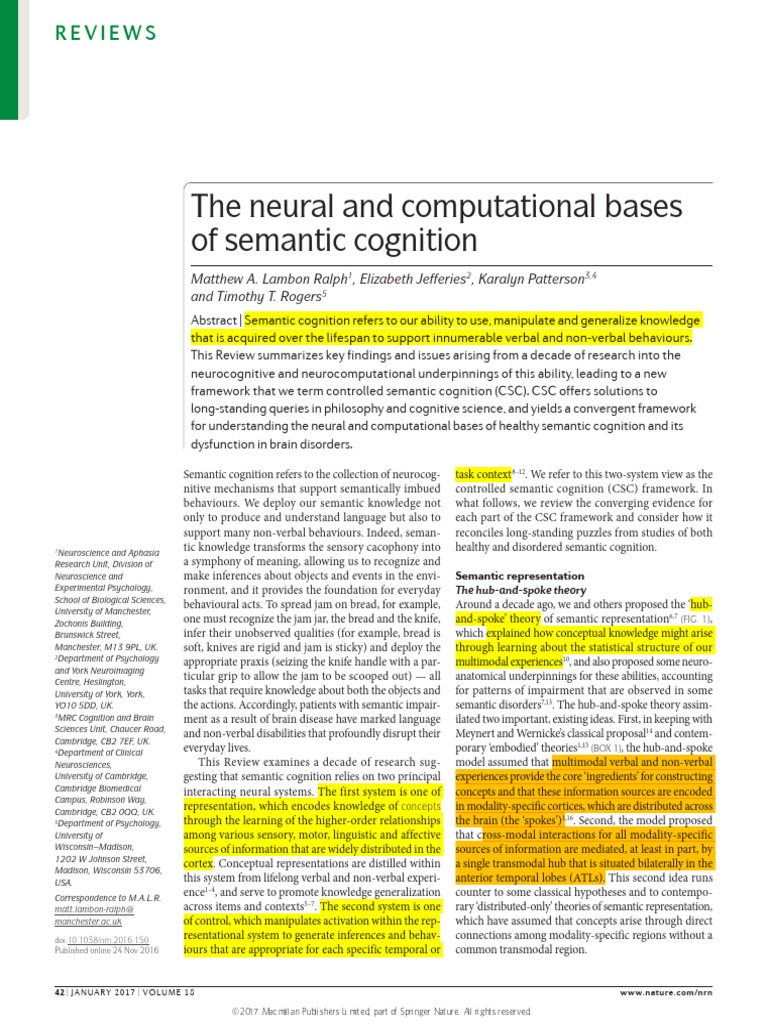 Semantic Cognition: Neural Systems and Frameworks | PDF | Neuroscience ...