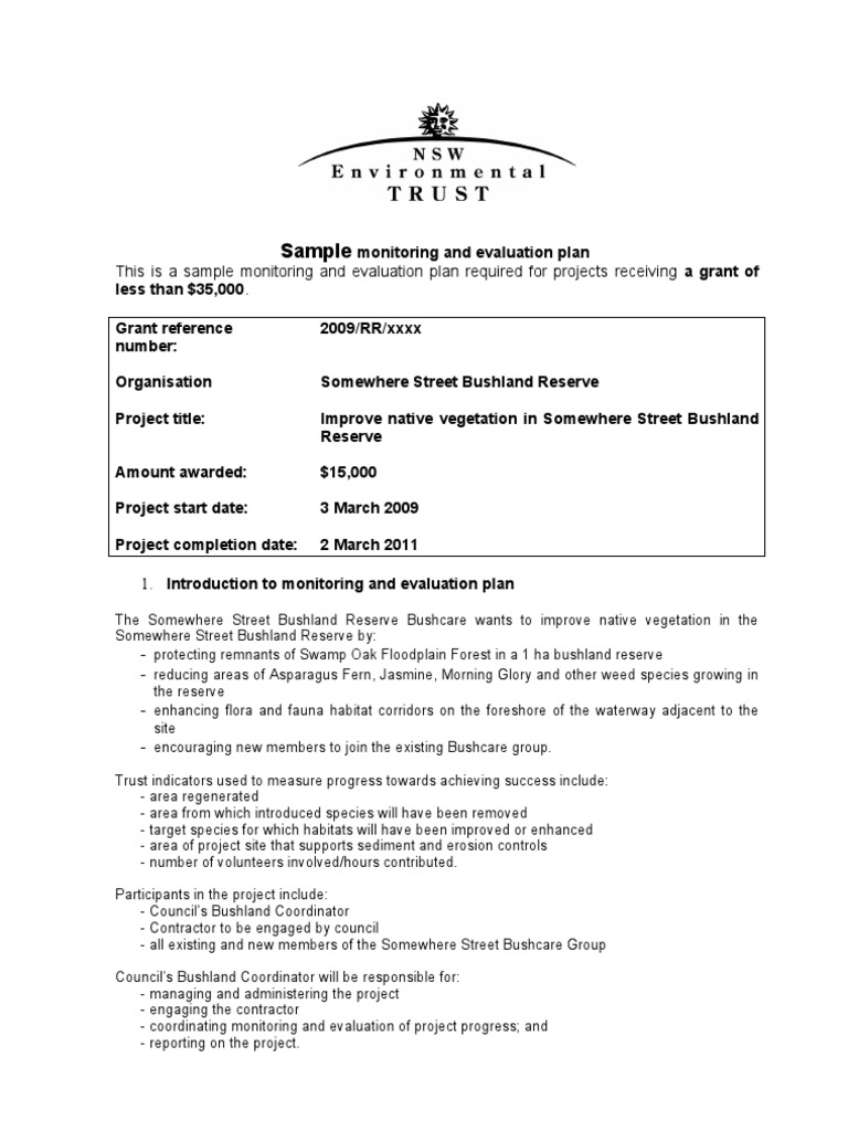 Sample: This Is A Sample Monitoring and Evaluation Plan Required For ...