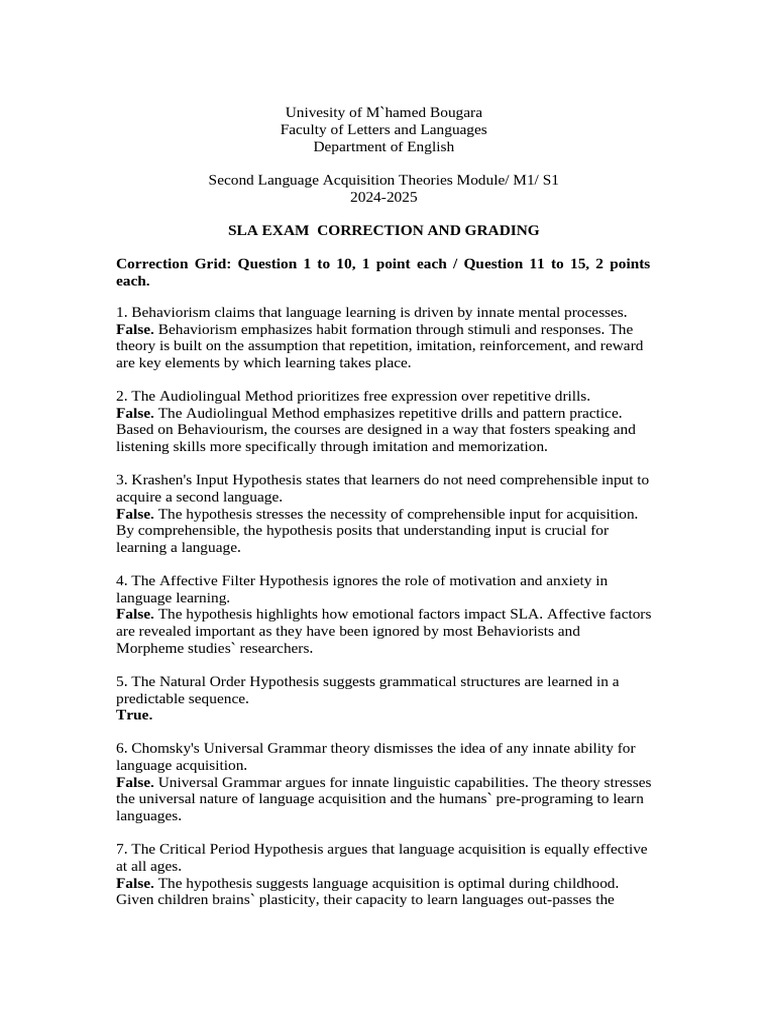 Sla s1 Exam Correction and Scoring 2025 | PDF | Second Language ...