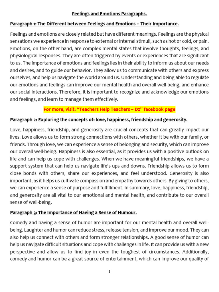 Feelings & Emotions paragraphs | PDF | Humour | Emotions