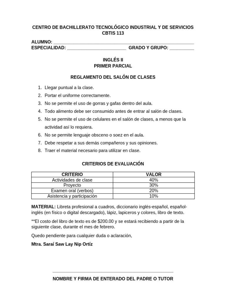 Reglamento y Evaluación Inglés II CBTIS 113 | PDF