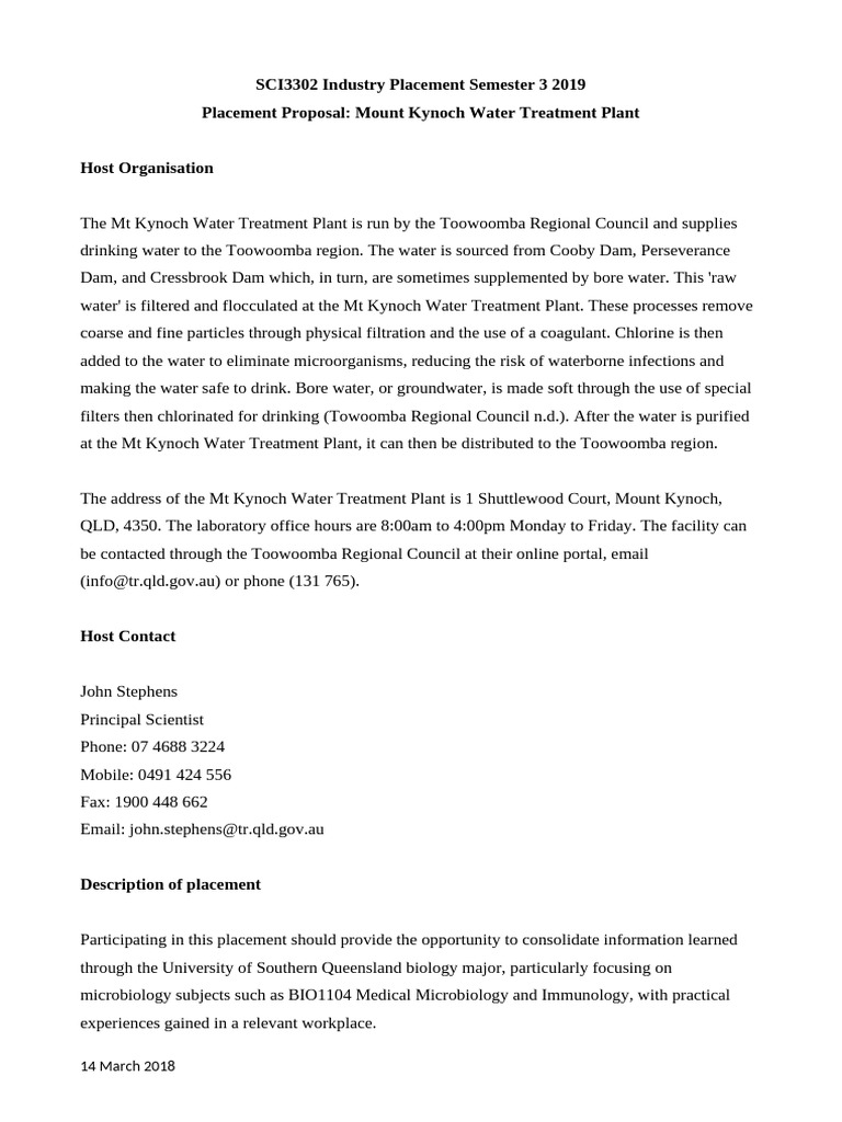 SCI3302 PLACEMENT Proposal Example A | PDF | Water Purification | Water ...