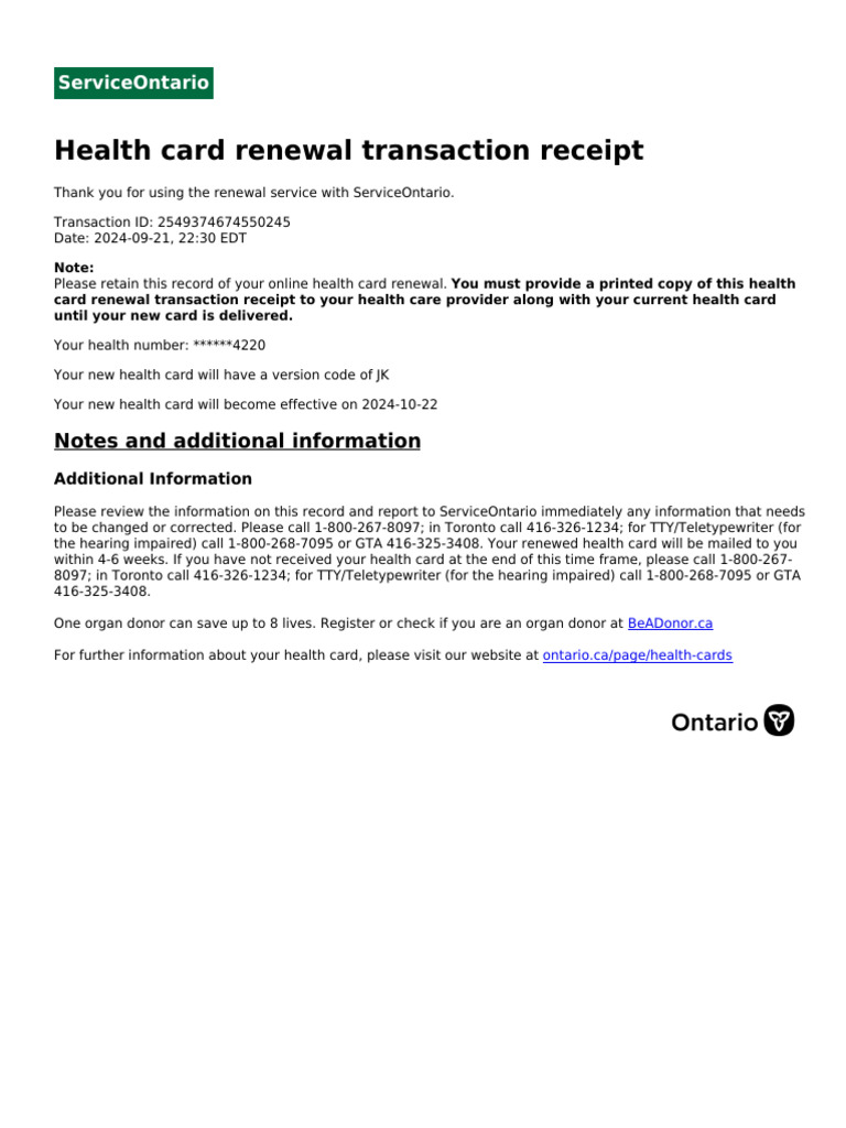ServiceOntario Renewal Receipt | PDF