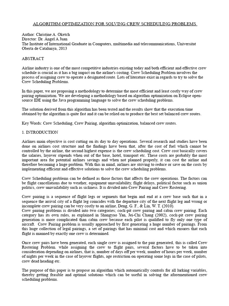 Algorithm Optimization For Solving Crew Scheduling Problems | PDF | Mathematical Optimization ...