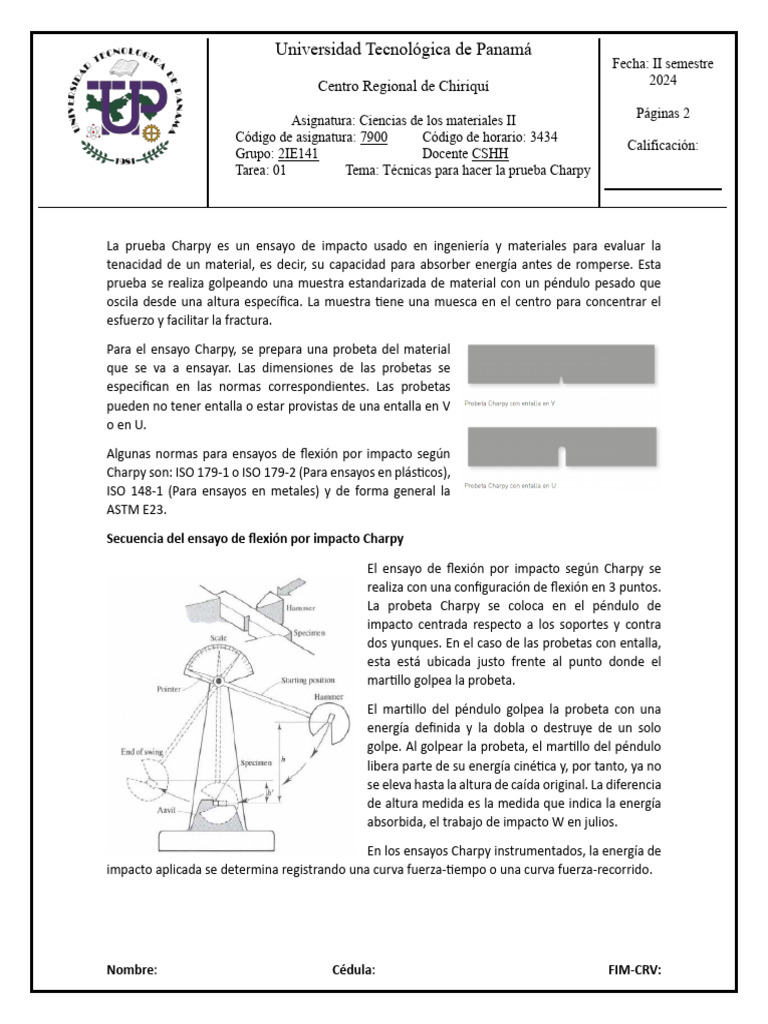 Tarea 1 - Técnicas para realizar la prueba Charpy | PDF | Física Aplicada e Interdisciplinaria ...