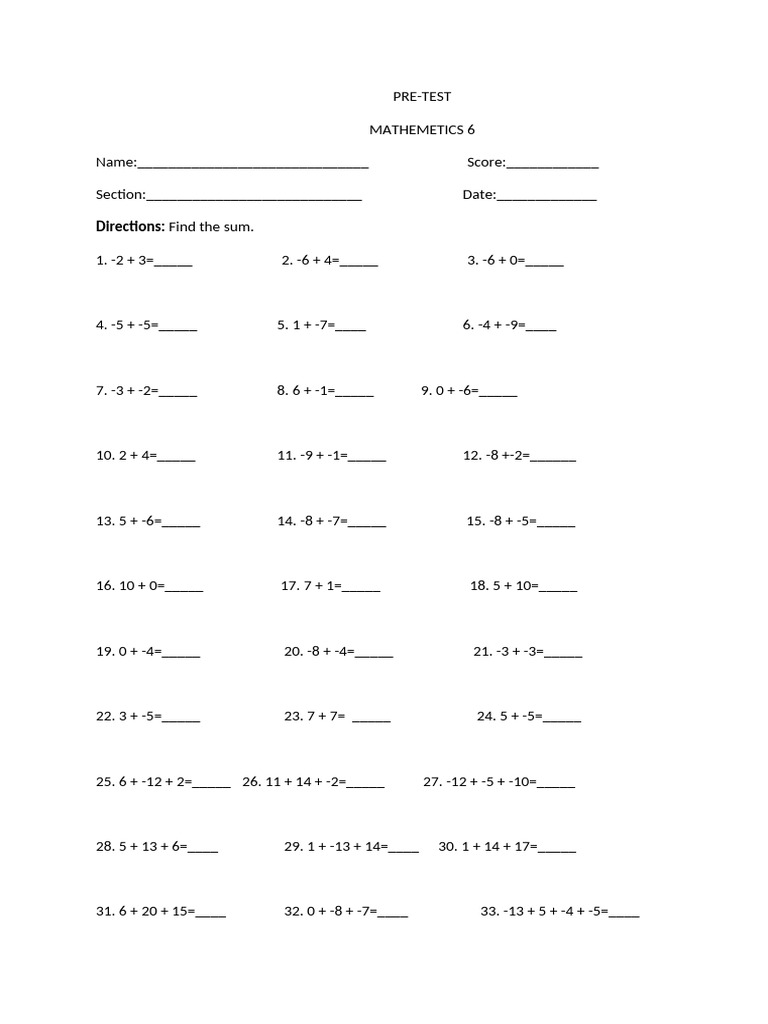 6th Grade Math Pre-Test: Sums | PDF