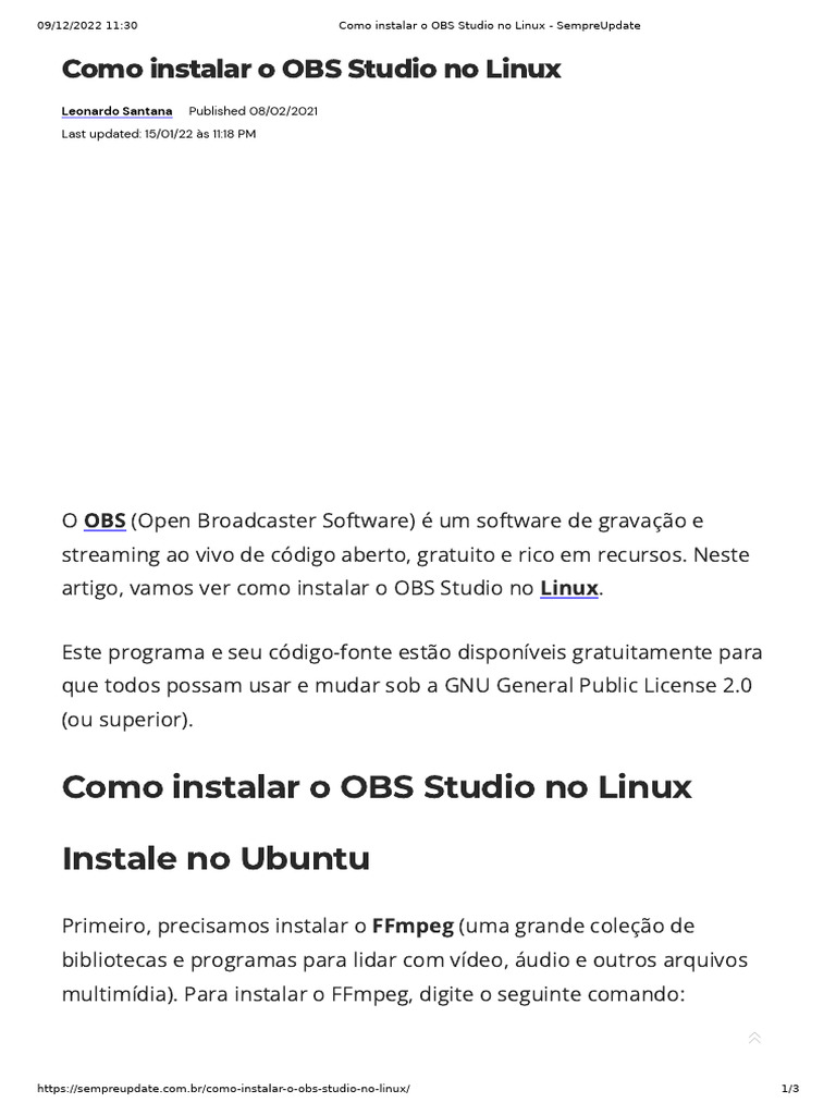Como Instalar o OBS Studio No Linux - SempreUpdate | PDF | Linux | Projetos de software gratuito