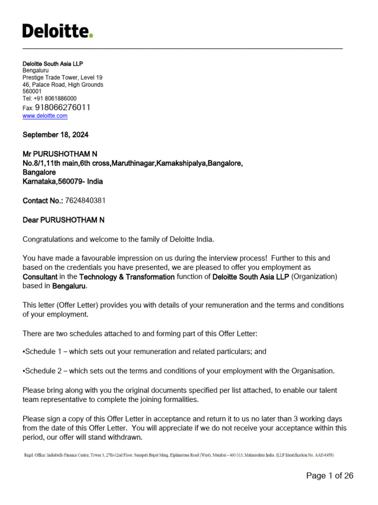 Deloitte Offer Letter for Consultant Role | PDF | Employee Benefits ...