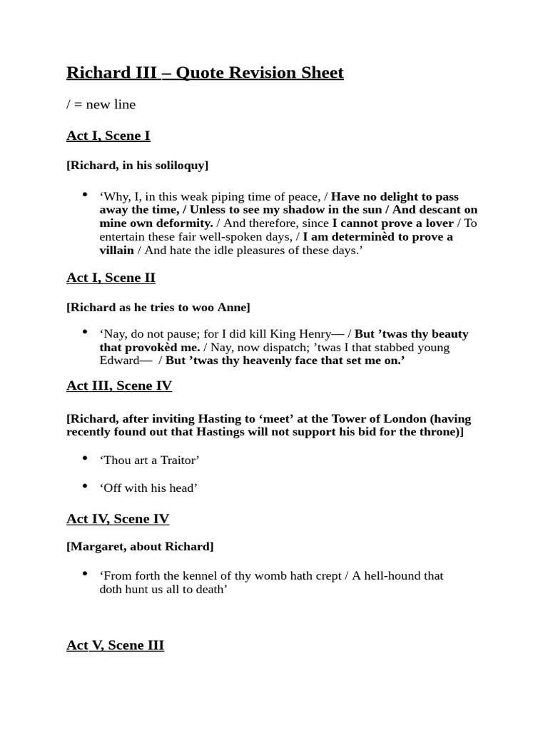 Richard III - Quote Revision Sheet | PDF