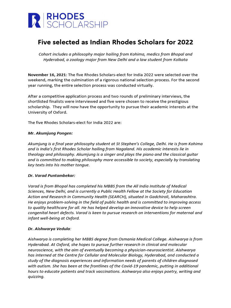 Indian Rhodes Scholars 2022 Announced | PDF