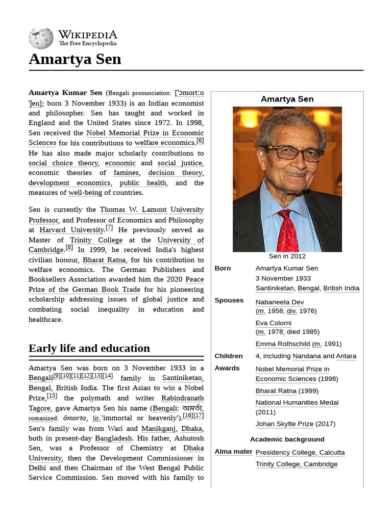 Amartya Sen: Life and Achievements | PDF