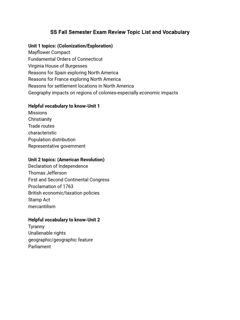 Fall Semester Exam Review Guide | PDF