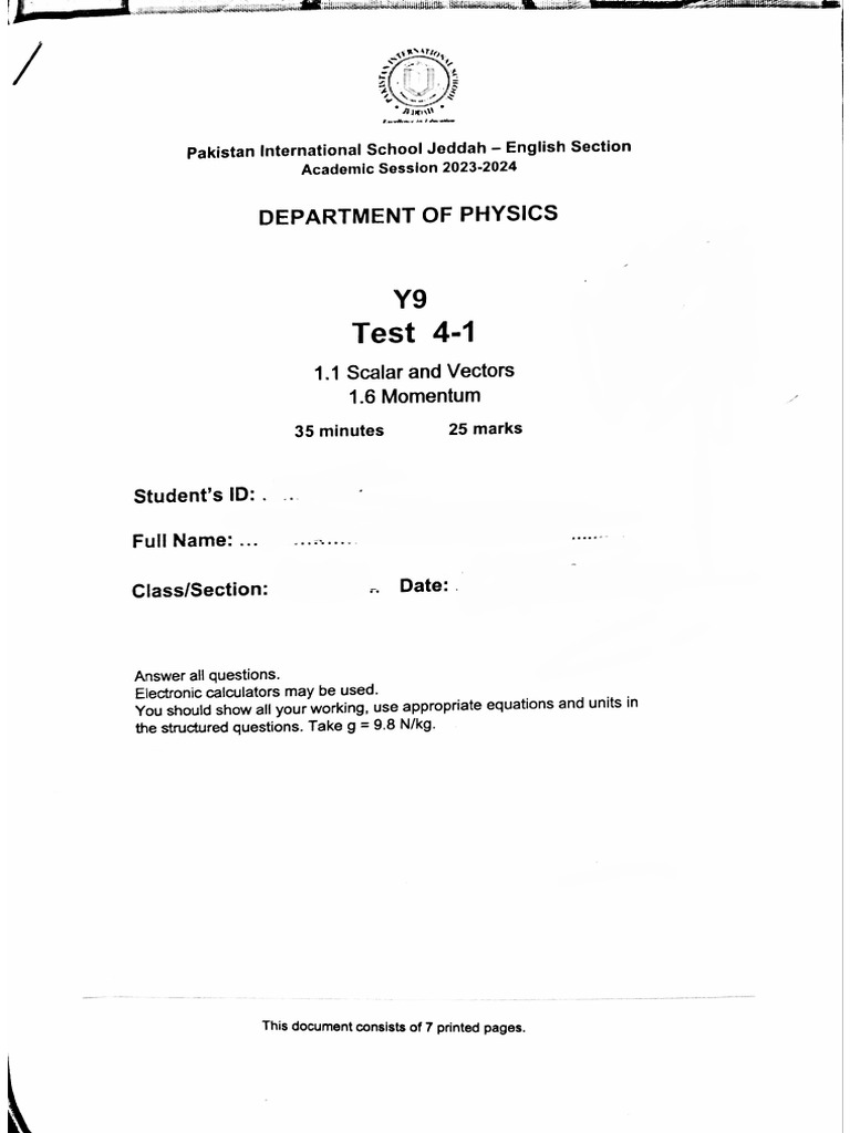 Y9 Test 4 v1 2024 Physics | PDF
