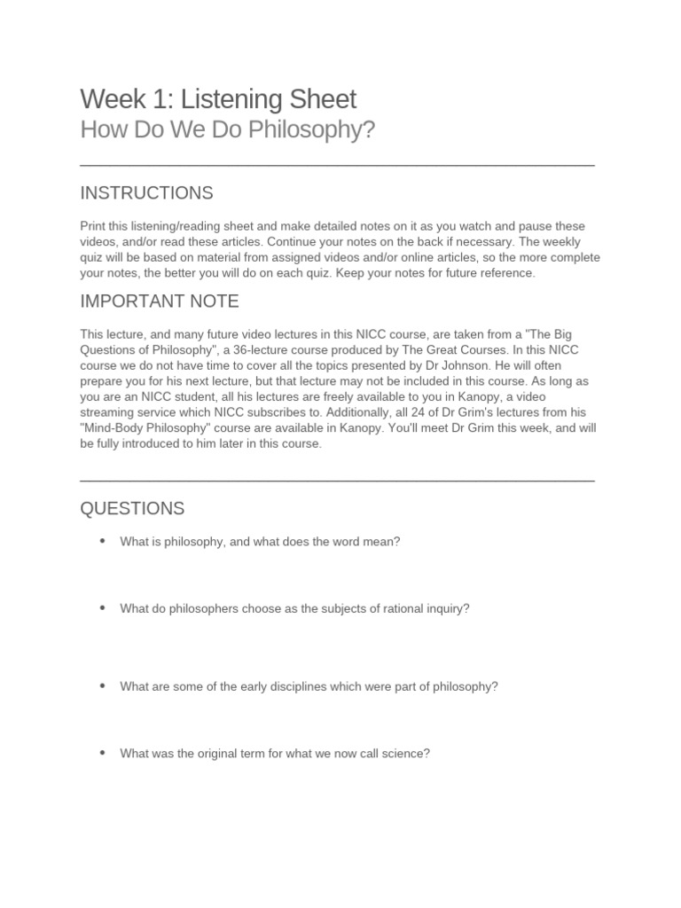 W1 Listening Sheet - How Do We Philosophy | PDF