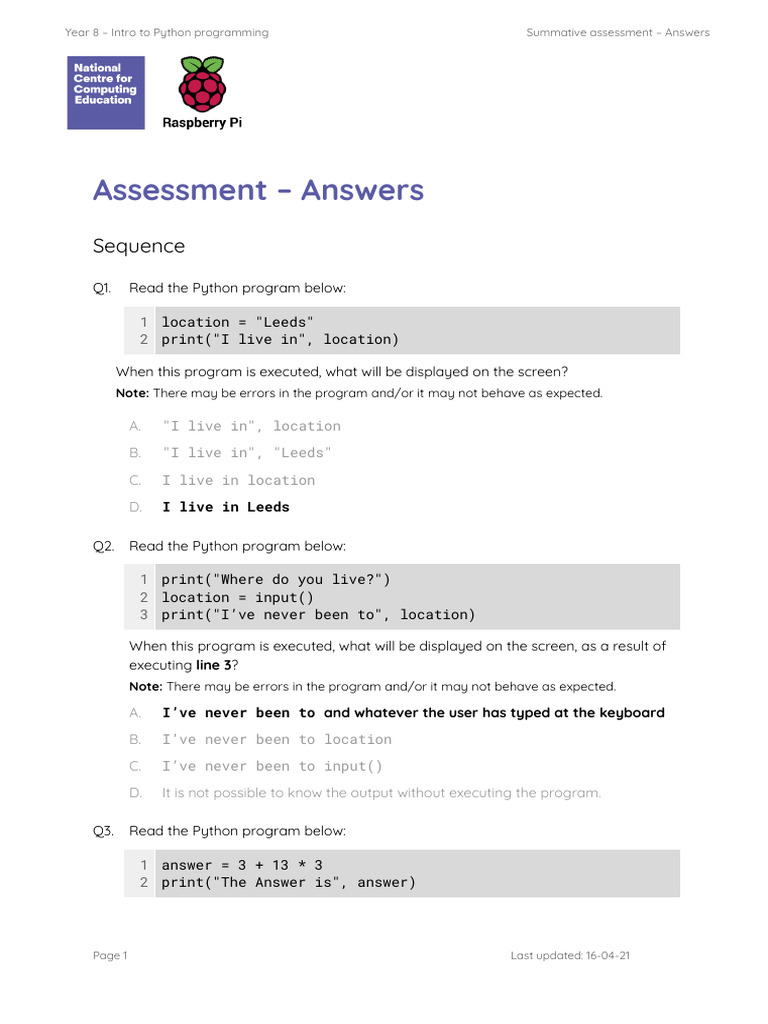 Summative assessment answers – Introduction to Python programming – Y8 | PDF | Python ...