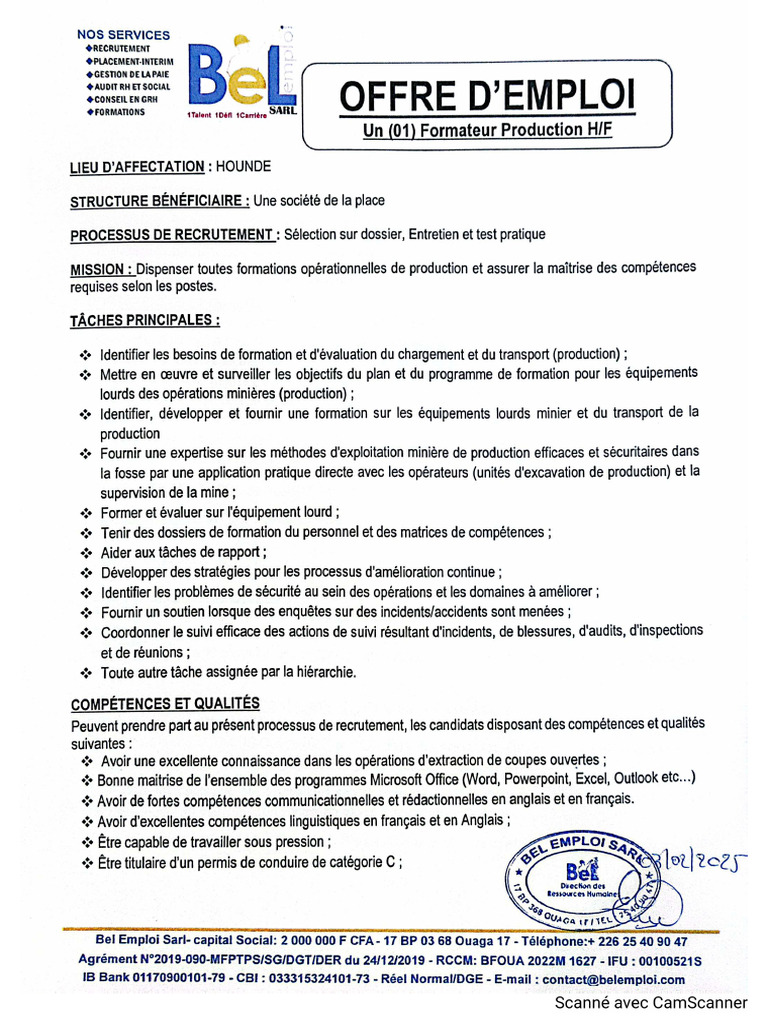 BEL EMPLOI 2025 - Offres d'Emploi_1 Formateur Production_CORICA HGO | PDF