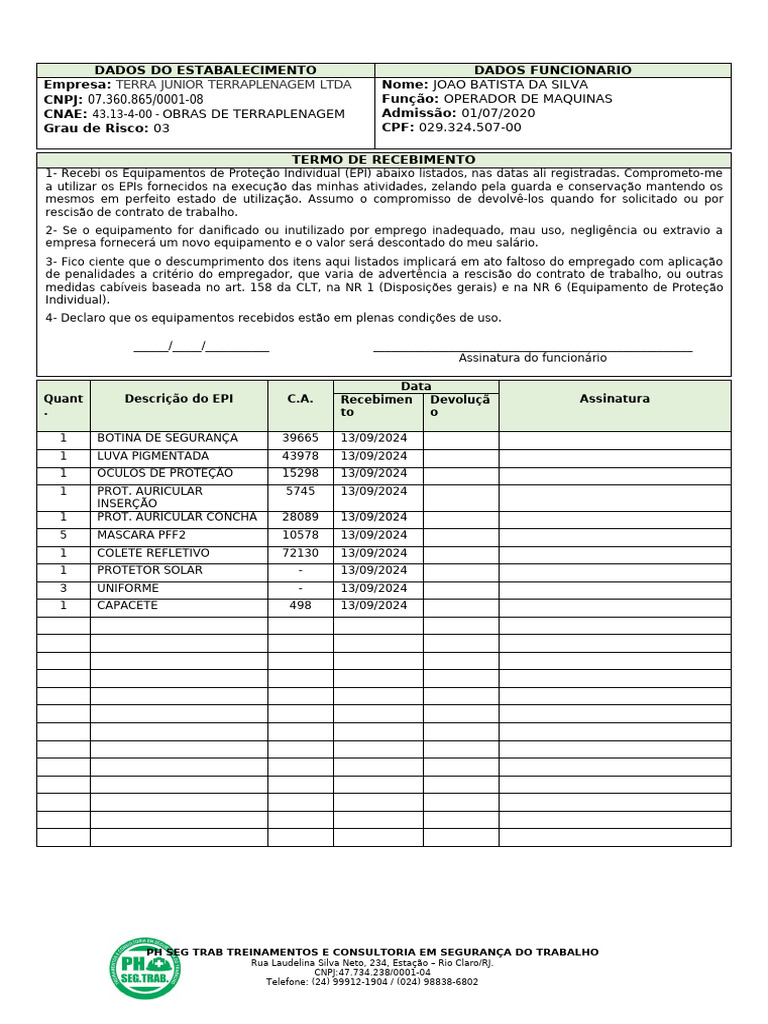 Termo de Recebimento de EPIs | PDF | Trabalho | Direito Comercial