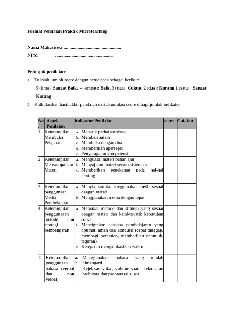 Format Penilaian Praktik Microteaching | PDF