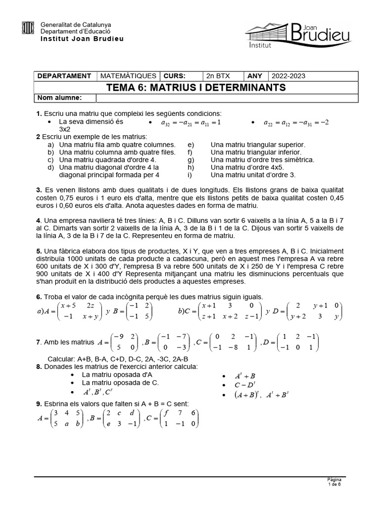 Llista D¡exercicis Matrius I Determinants | PDF