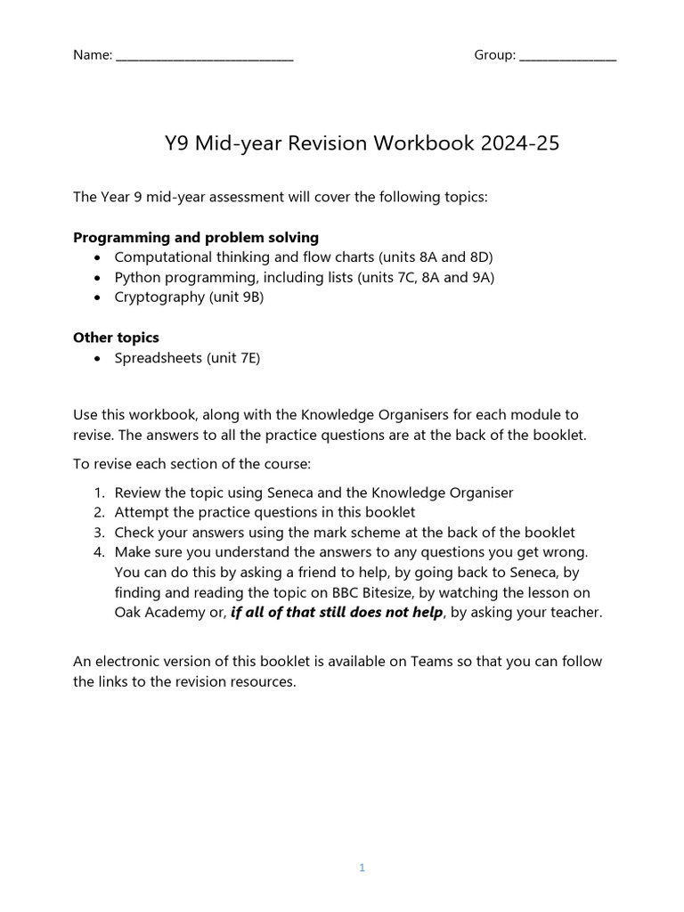 Y9 Mid-Year Revision Workbook 2024-25 | PDF | Spreadsheet | Algorithms