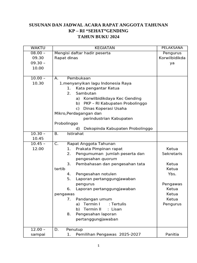 Susunan Dan Jadwal Acara Rapat Anggota | PDF