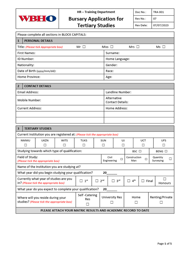 WBHO Bursary Application For Tertiary Studies 2025 | PDF