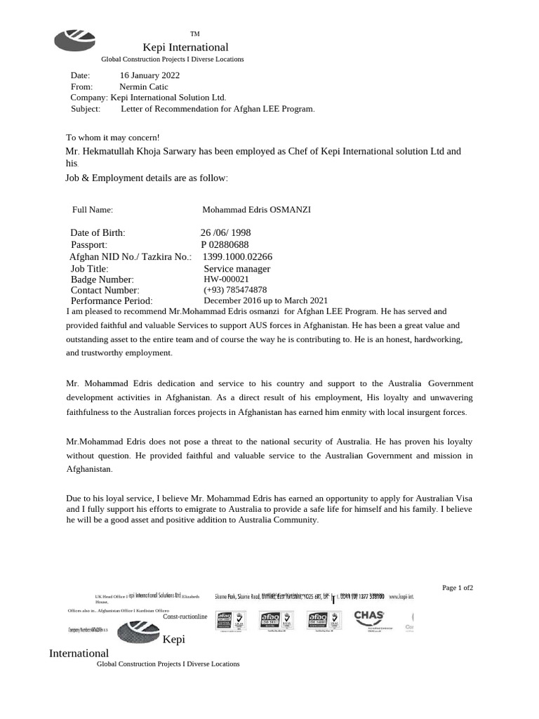 Mohammad Edris Osmanzi - Application | PDF | International Relations | National Security