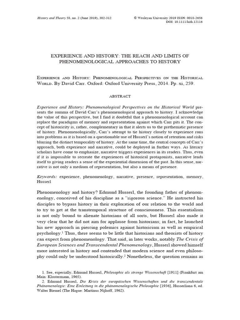 Experience and History - The Reach and Limits of Phenomenological ...