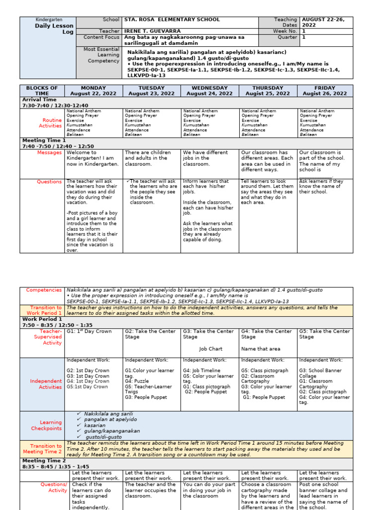 Kindergarten DLL Q1 Week1 | PDF | Classroom | Learning