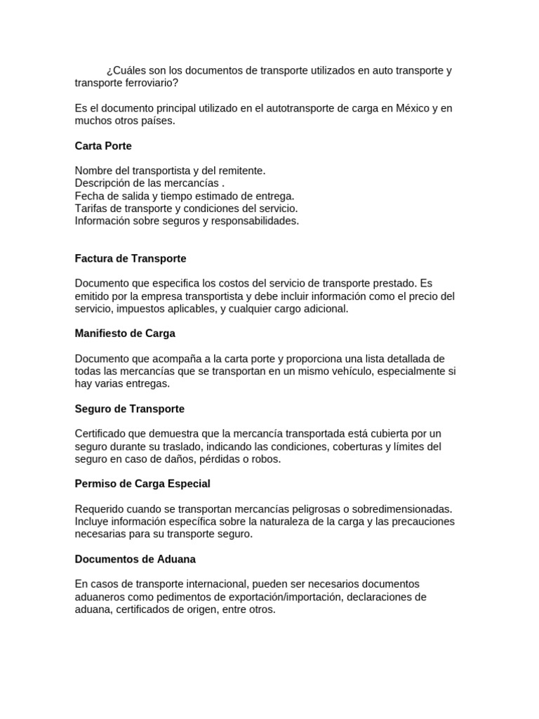 Cuáles son los documentos de transporte utilizados en auto transporte y transporte ferroviario ...