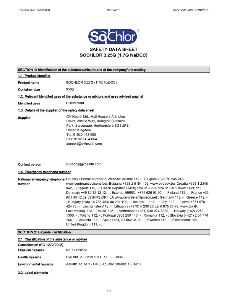 Sochlor 3.25G Safety Data Sheet | PDF | Chemical Reactions | Combustion