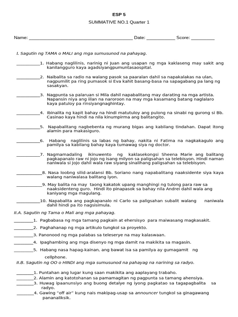 V1 SUMMATIVE TEST - ESP 5 - Quarter 1 | PDF