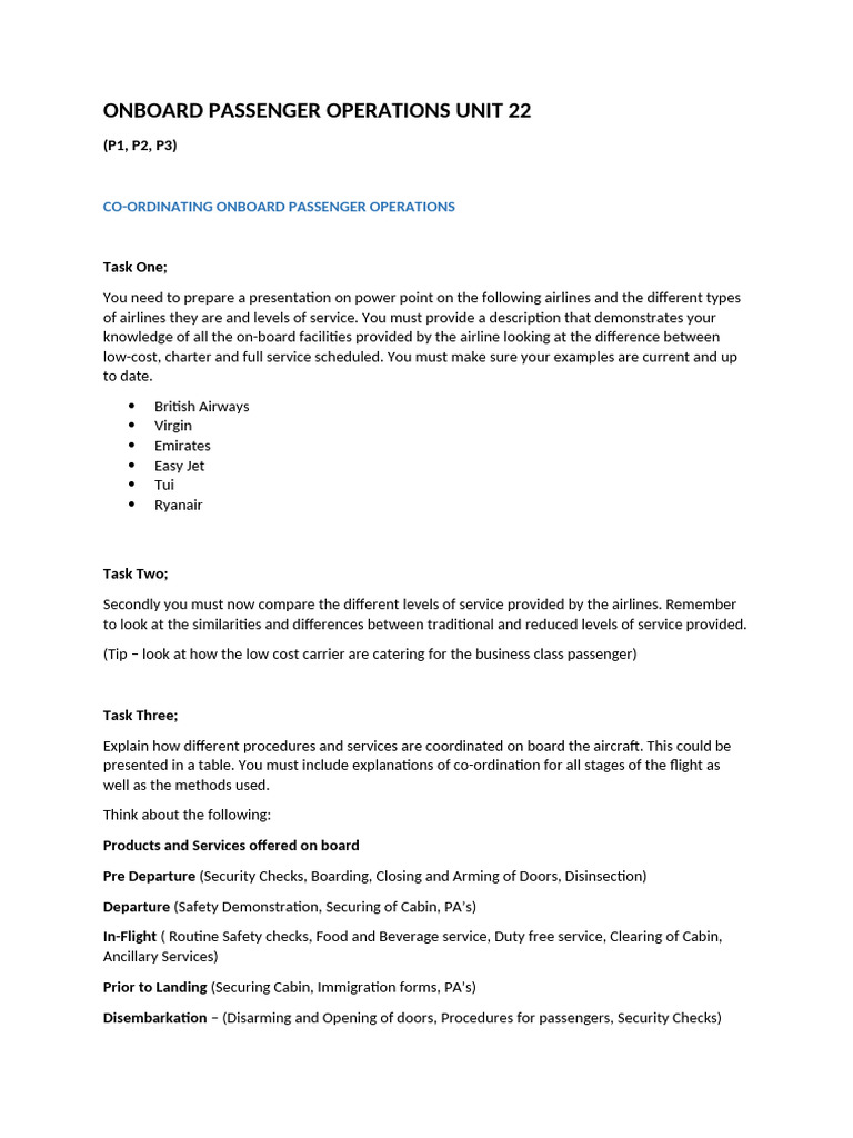 ONBOARD PASSENGER OPERATIONS UNIT 22 Task p1,p2,p3 (1) | PDF
