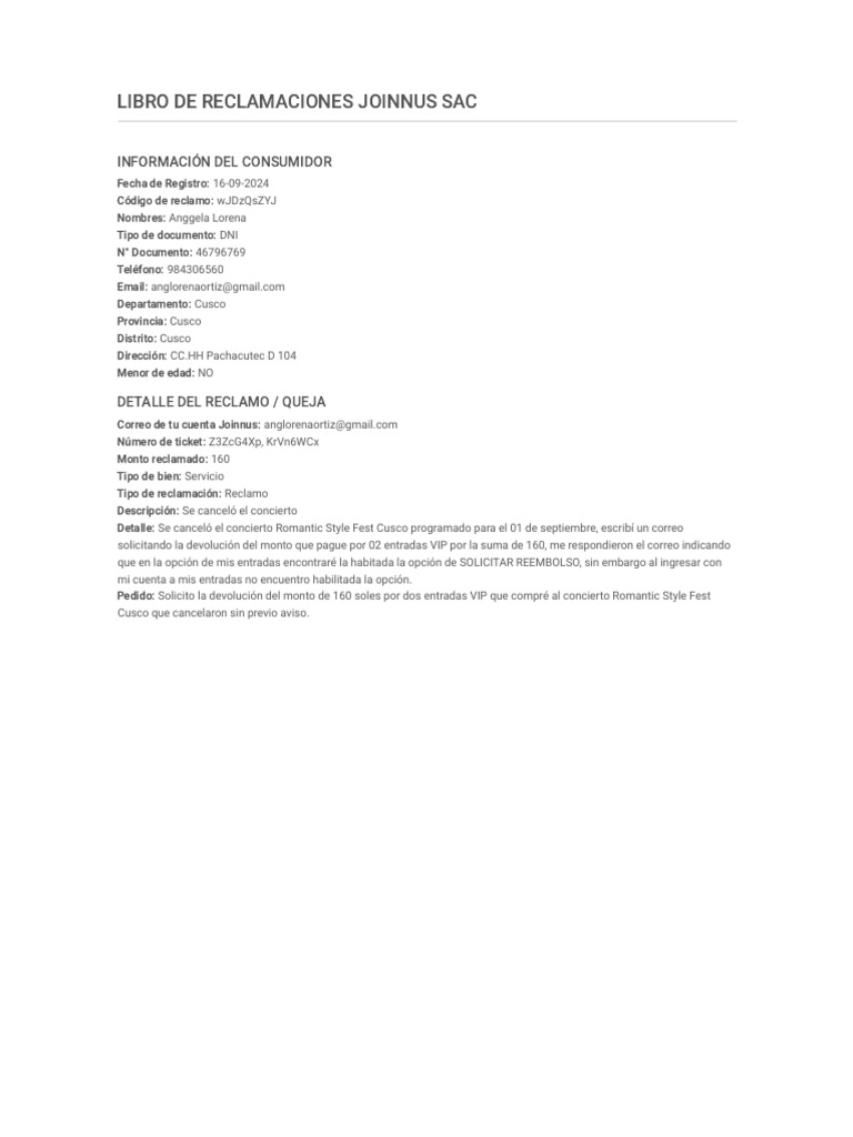 Reclamo por reembolso Joinnus SAC | PDF