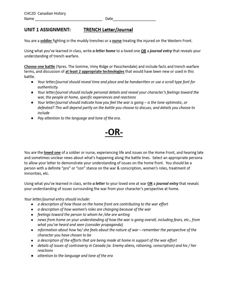 CHC2D Trench or Homefront Letter Unit 1 Assignment | PDF | Trench ...