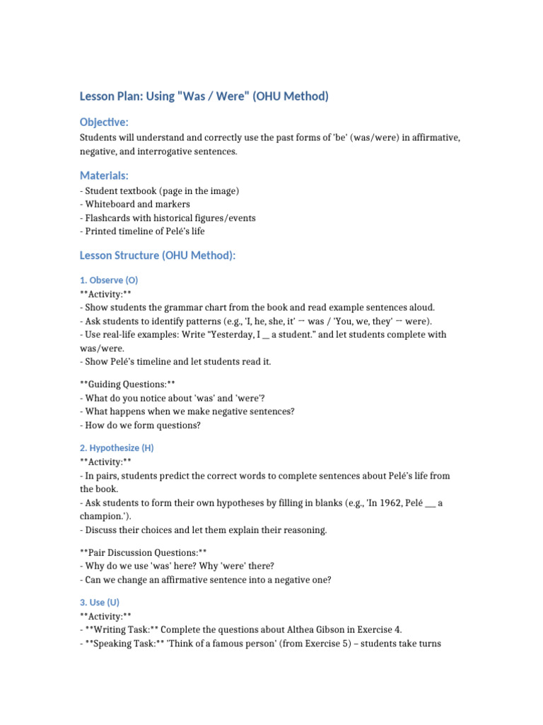 Lesson Plan: Mastering Was/Were Usage | PDF