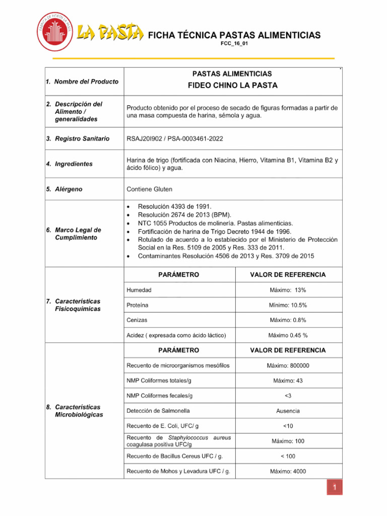 Ficha Tecnica La Pasta | PDF