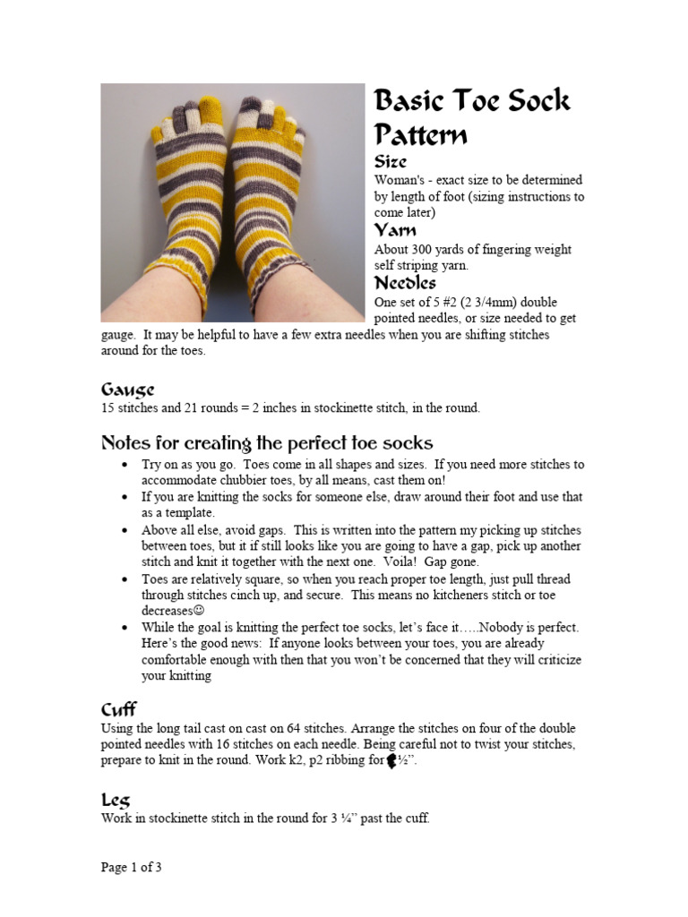 Toe Sock Pattern | PDF | Knitting | Gauge (Knitting)