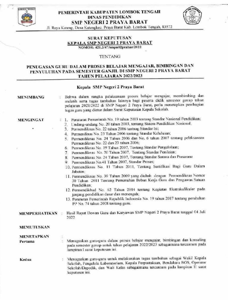 SK Pembagian Tugas Genap 2023 | PDF