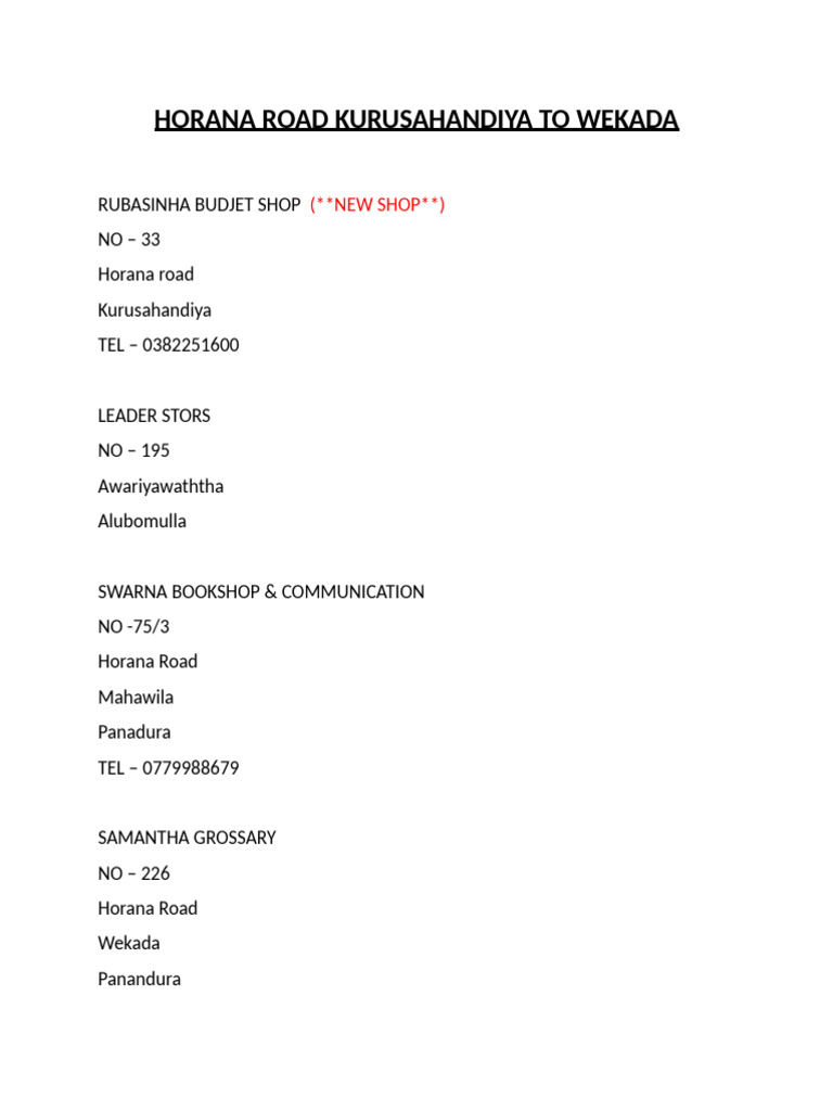 New Shops on Horana Road Guide | PDF