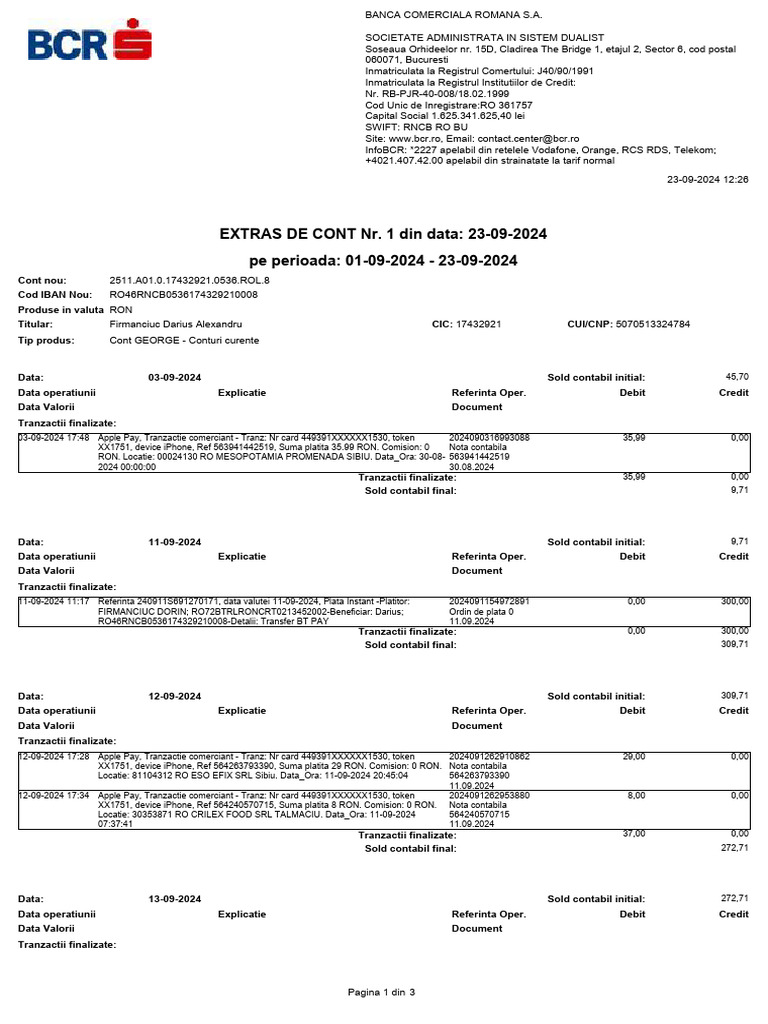 Pe Perioada: 01-09-2024 - 23-09-2024 EXTRAS DE CONT Nr. 1 Din Data: 23 ...