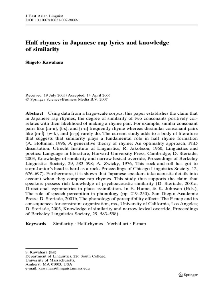 Half rhymes in Japanese Rap Lyrics and knowledge of similarity | PDF ...