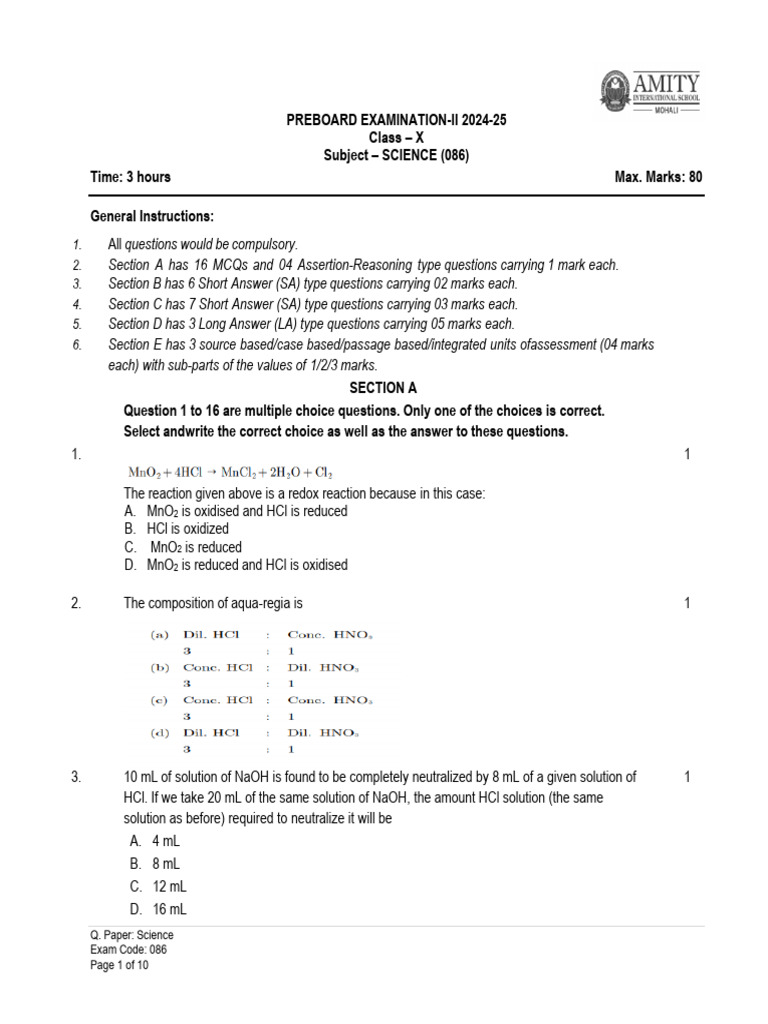 Sample Paper 1 | PDF | Redox | Chemistry